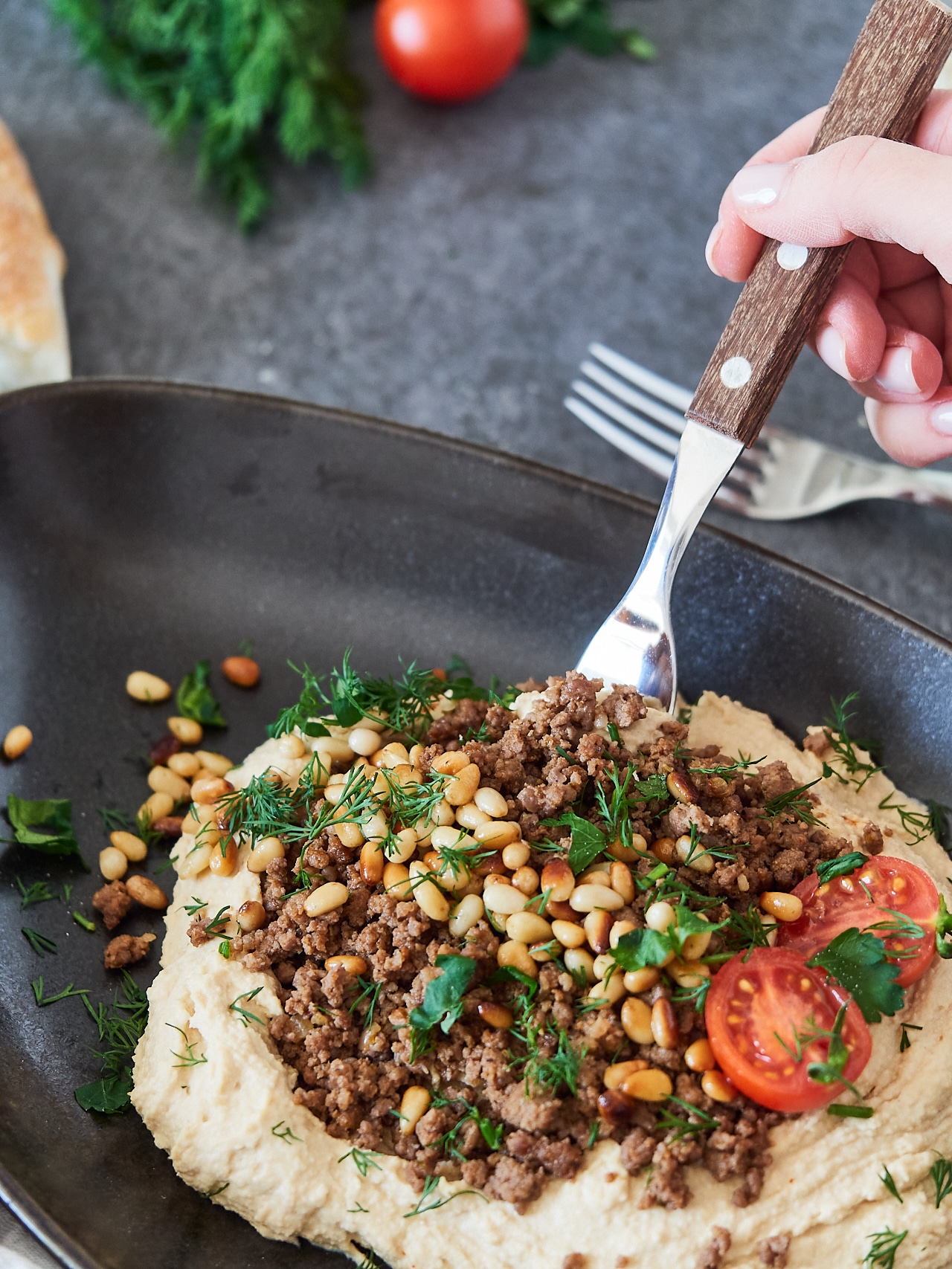 Spiced Ground Beef Topped on Hummus - Delice Recipes