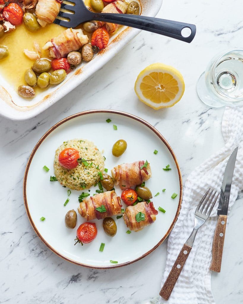 Cod & Bacon Wraps with Olives & Tomatoes - Delice Recipes