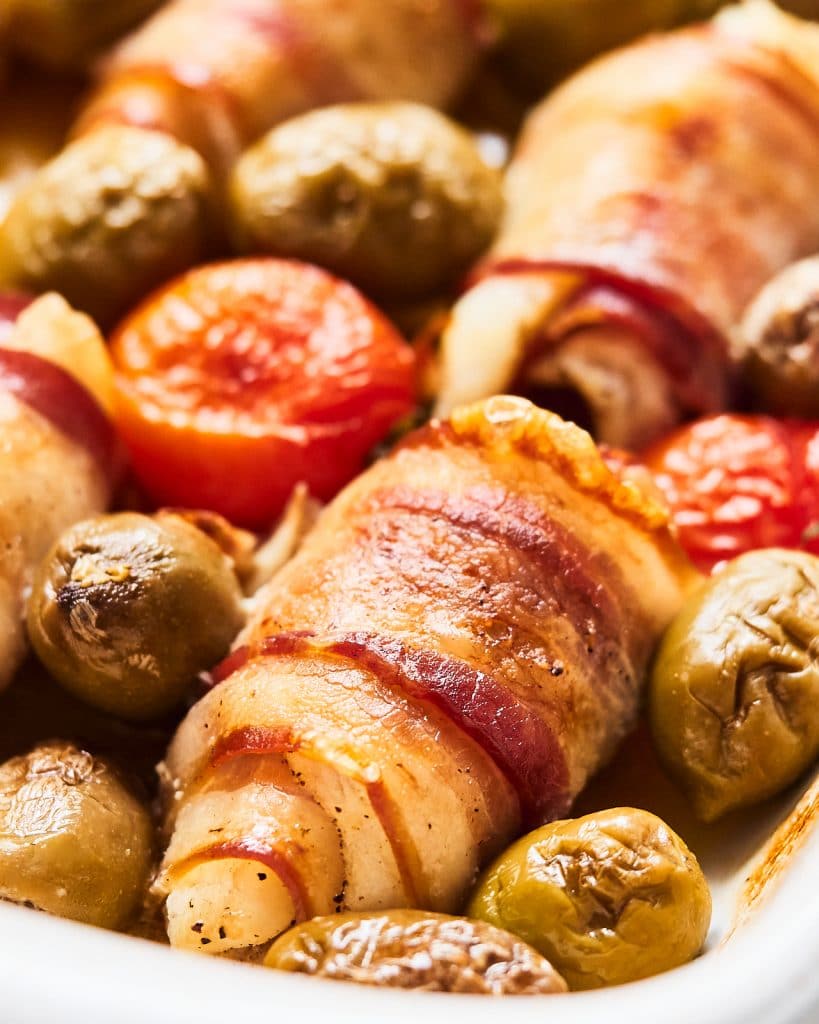 Cod & Bacon Wraps with Olives & Tomatoes - Delice Recipes